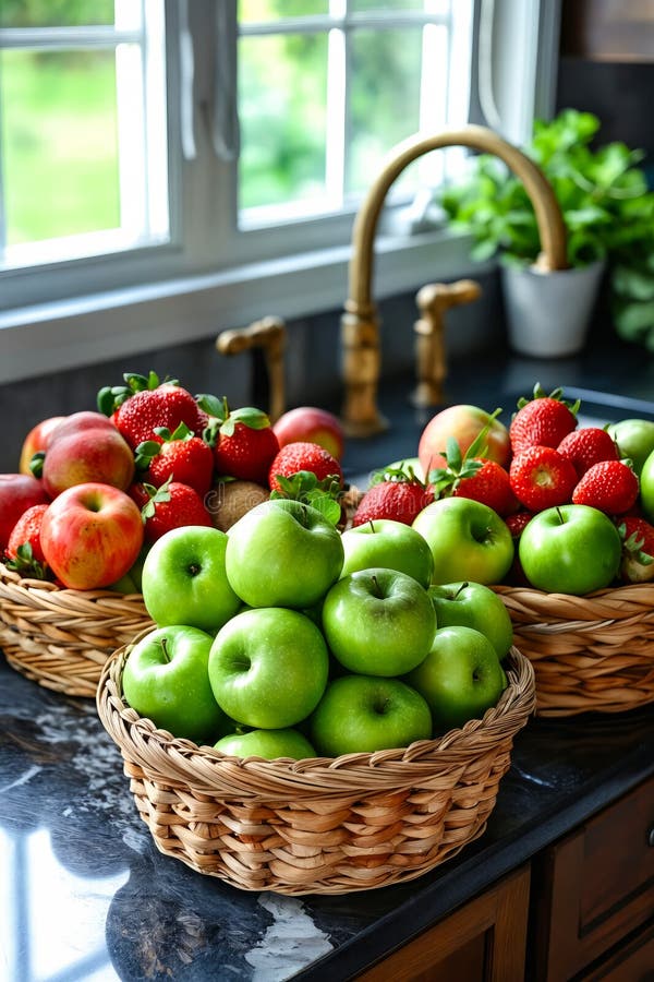 A Kitchen Counter with Baskets of Apples and Strawberries. Generative ...