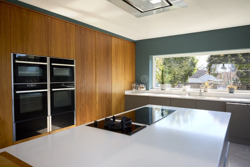 Kitchen and Counter with Built in Appliances in Modern House Stock ...
