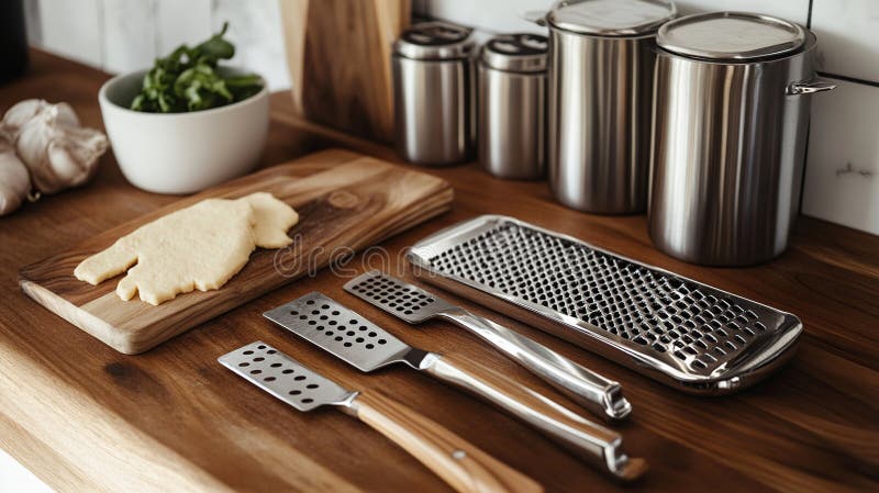 Kitchen Counter with Cheese, Grater, and Stainless Steel Containers ...