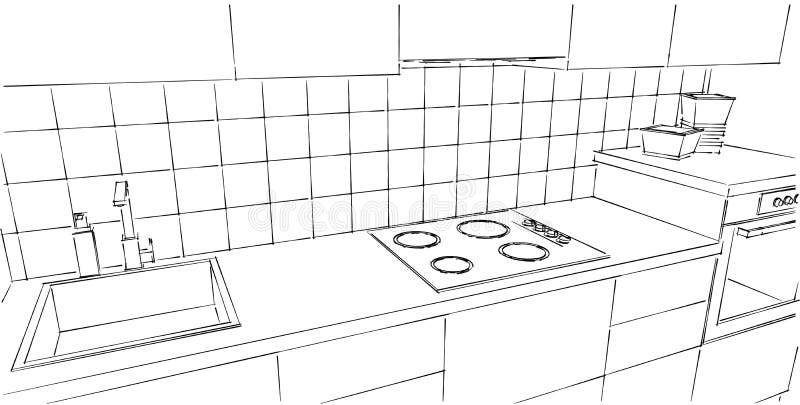 Kitchen Counter Close Up Black and White Stock Illustration ...