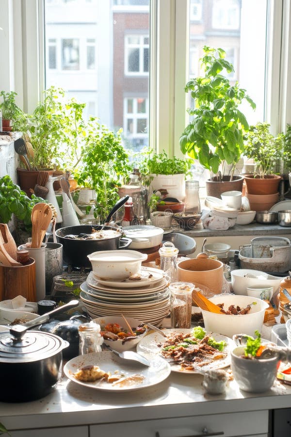 The Kitchen Counter is Cluttered with Mess, Unwashed Dishes, and ...