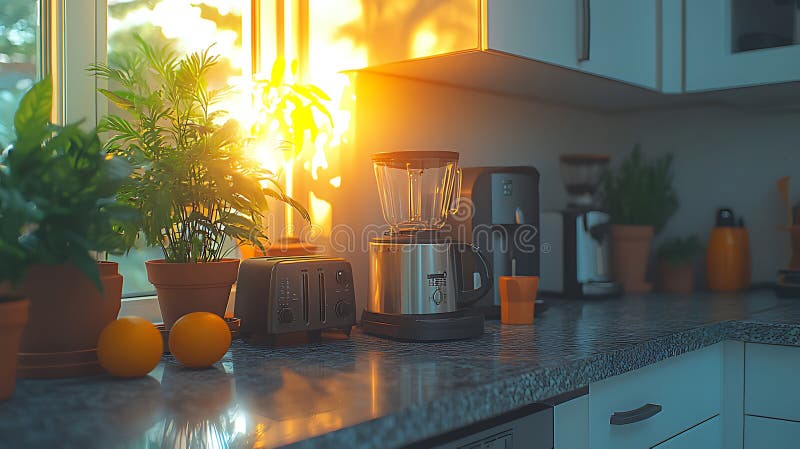 A Kitchen Counter with a Coffee Maker, Toaster, Oranges, and Potted ...