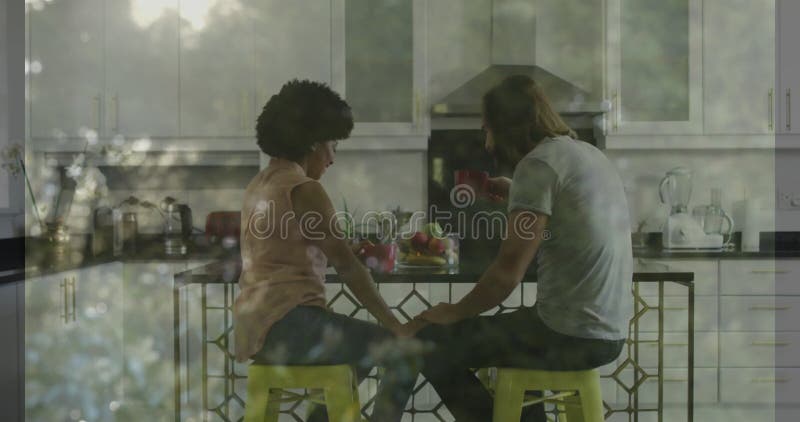 At Kitchen Counter, Couple Having Drinks and Conversation, Smiling and ...