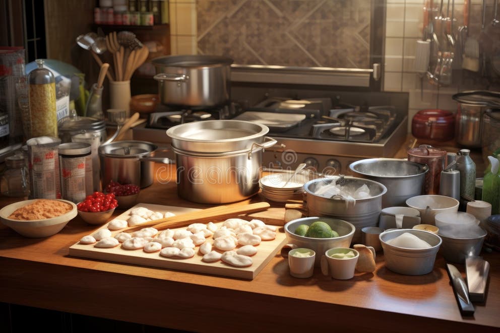 Kitchen Counter with Dim Sum Making Tools and Ingredients Stock Photo ...