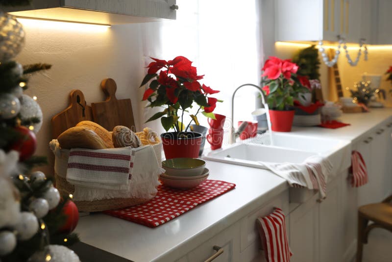 Kitchen Counter with Dishware and Christmas Decor Stock Photo - Image ...