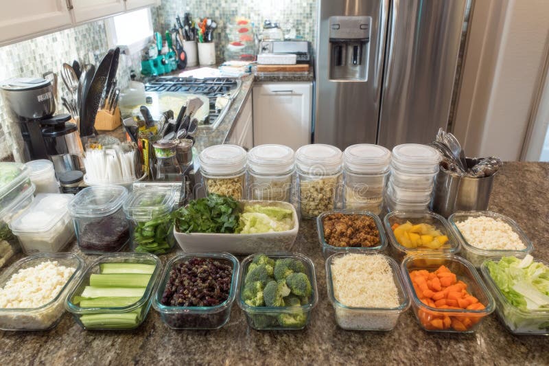 Freezer Meal Prep Setup on Kitchen Counter Featuring Organized ...