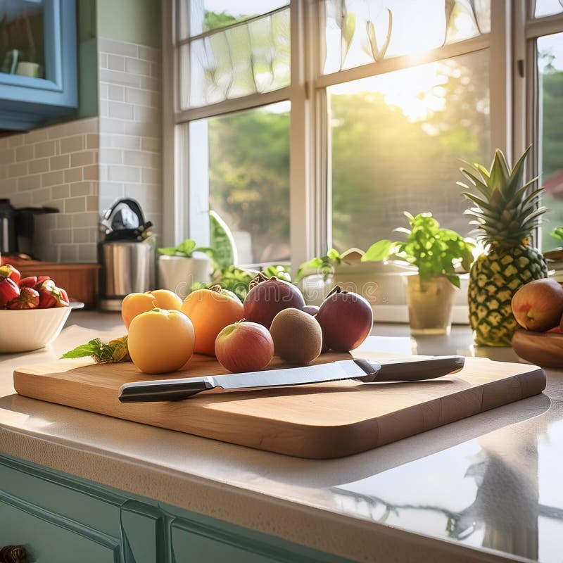 A Kitchen Counter with Fresh Fruits, a Cutting Board, and a Knife Stock ...