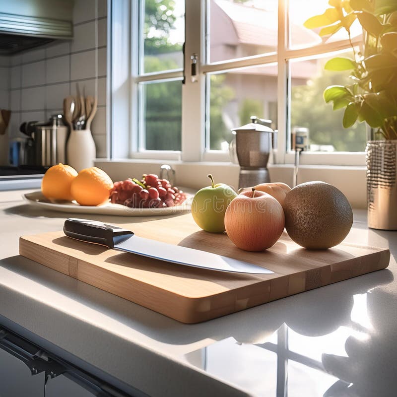 A Kitchen Counter with Fresh Fruits, a Cutting Board, and a Knife Stock ...