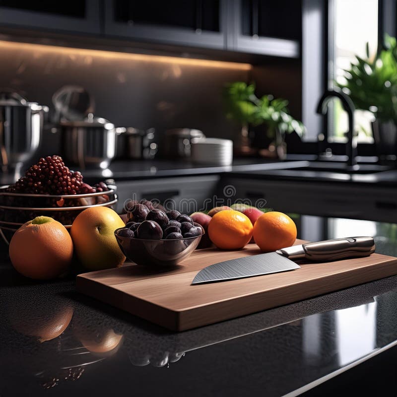 A Kitchen Counter with Fresh Fruits, a Cutting Board, and a Knife Stock ...