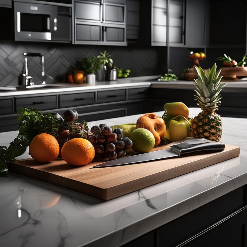 A Kitchen Counter with Fresh Fruits, a Cutting Board, and a Knife Stock ...