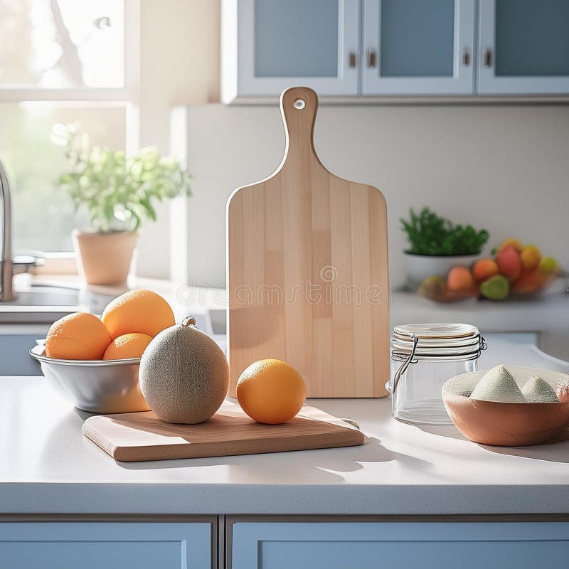 A Kitchen Counter with Fresh Fruits, a Cutting Board, and a Knife Stock ...
