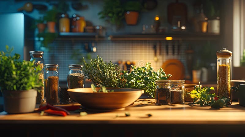 A Kitchen Counter with Fresh Herbs and Spices.. Stock Photo - Image of ...