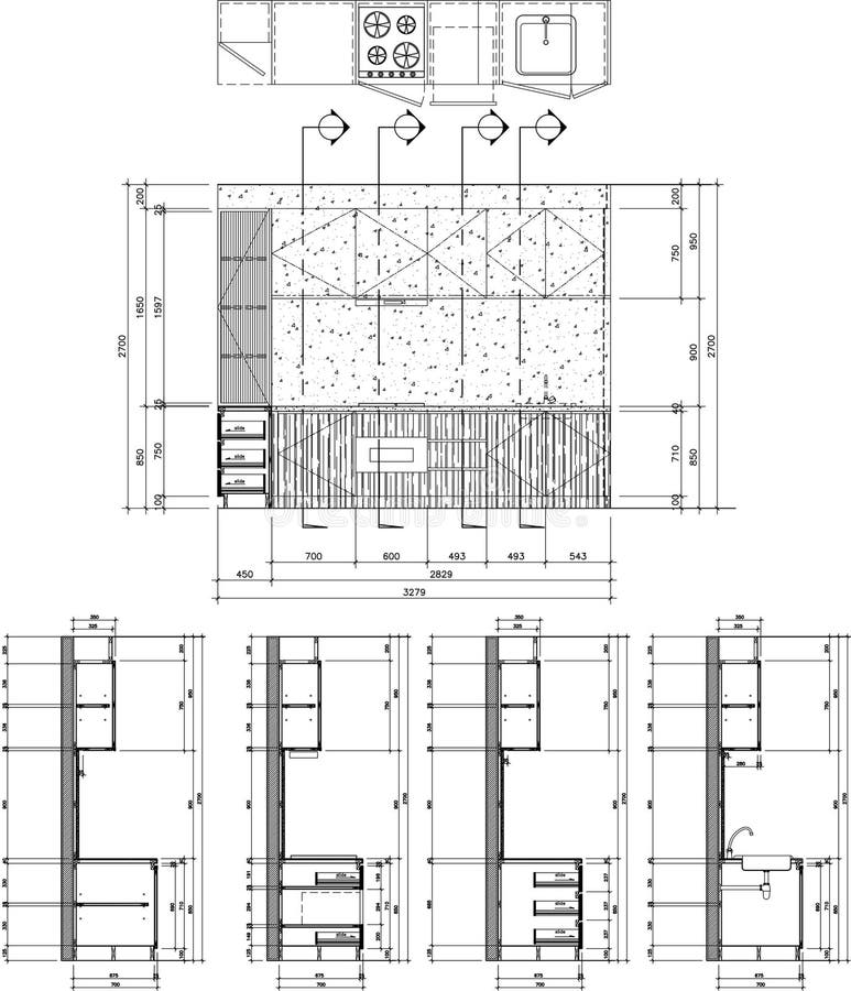 Kitchen Counter and Hanging Cabinet with Section View AutoCAD Drawing ...