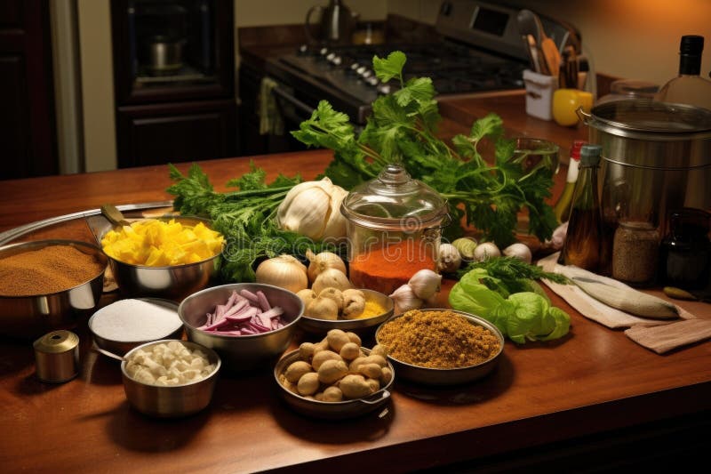 Kitchen Counter with Ingredients for Curry Prep Stock Image - Image of ...