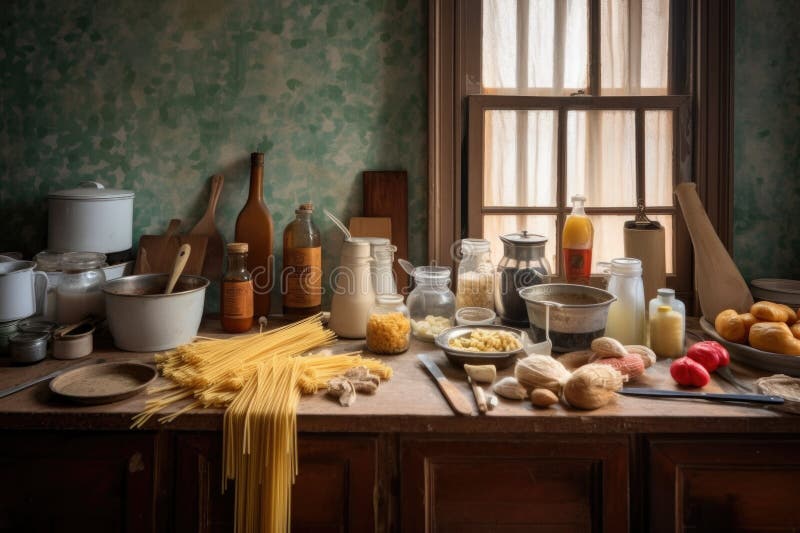 Kitchen Counter with Pasta-making Tools Stock Illustration ...