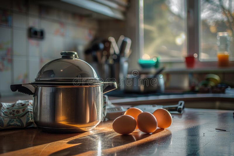 A Kitchen Counter with a Pot and Eggs, Perfect for Cooking or Breakfast ...