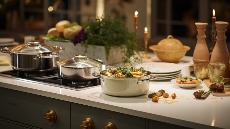 A Kitchen Counter with Pots and Pans on it, AI Stock Image - Image of ...