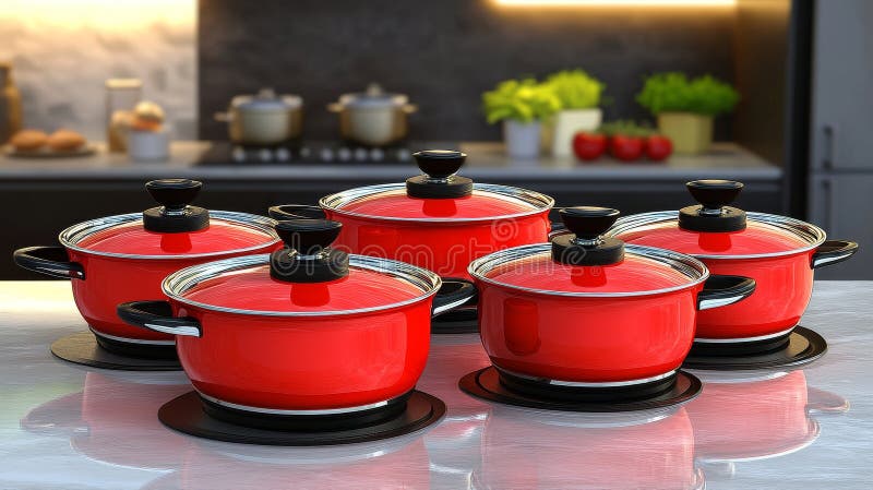 On the Kitchen Counter, a Red Cookware Set is Displayed, with a Modern ...