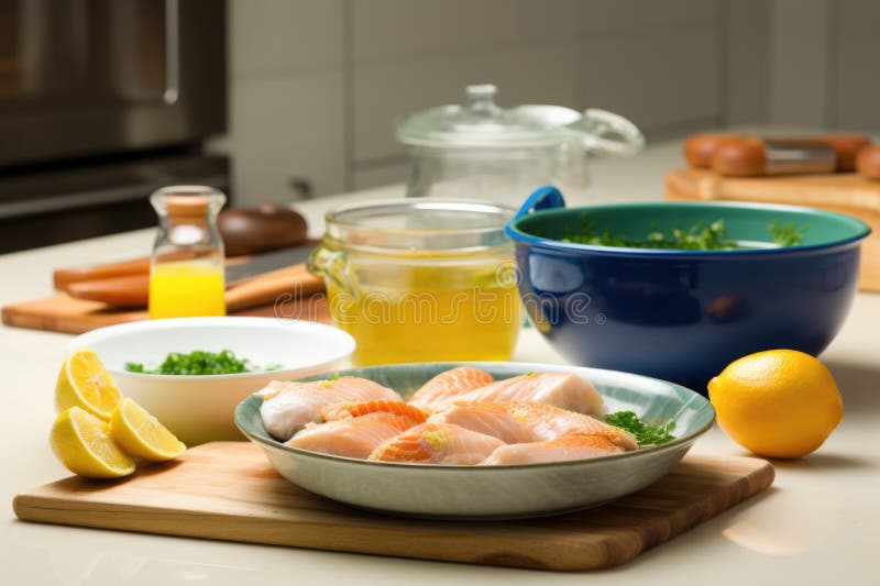 Kitchen Counter Scene with Fish, Basting Brush, and Bowl of Citrus ...