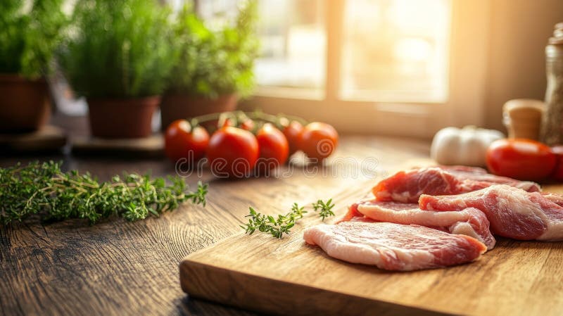 Kitchen Counter Set with Fresh Ingredients Ready for Cooking. Stock ...