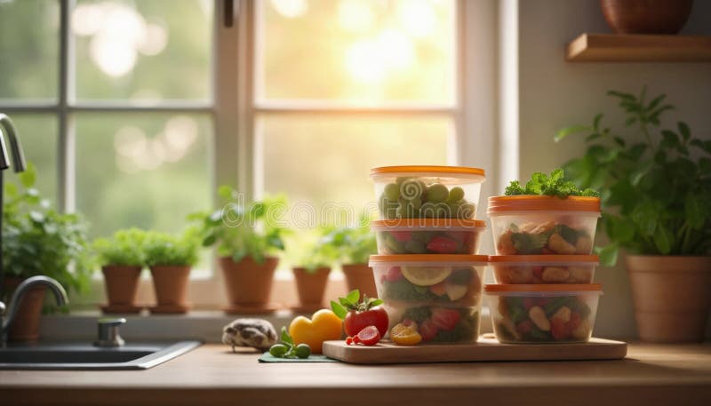 A Kitchen Counter with Several Plastic Containers of Food Stock ...