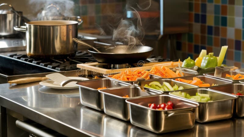 A Kitchen Counter with Several Trays of Food on it, AI Stock Photo ...