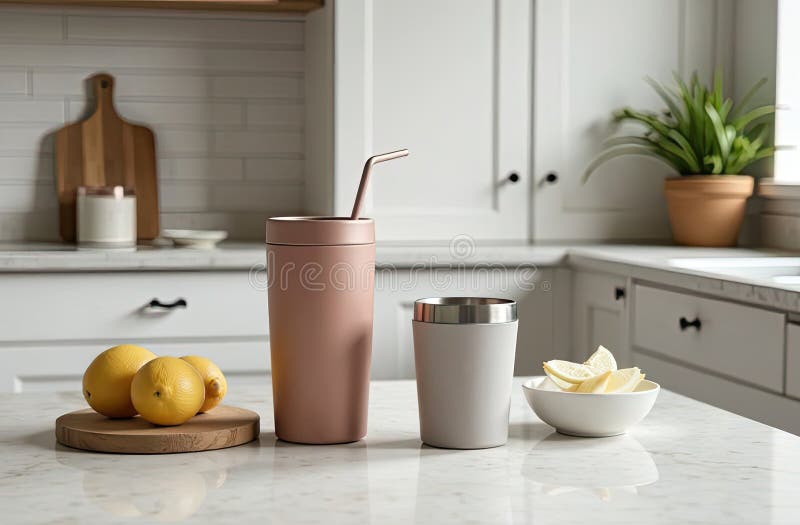 Refreshing Kitchen Countertop with Fruit and Stylish Drinkware in a ...