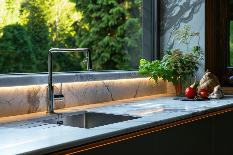 Kitchen Counter Sink Window Ideal Showcasing Modern Design Stock Photos ...