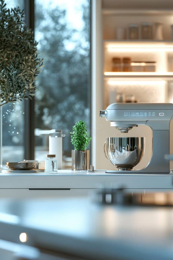 A Kitchen Counter with a Stand Mixer and a Small Potted Plant Stock ...