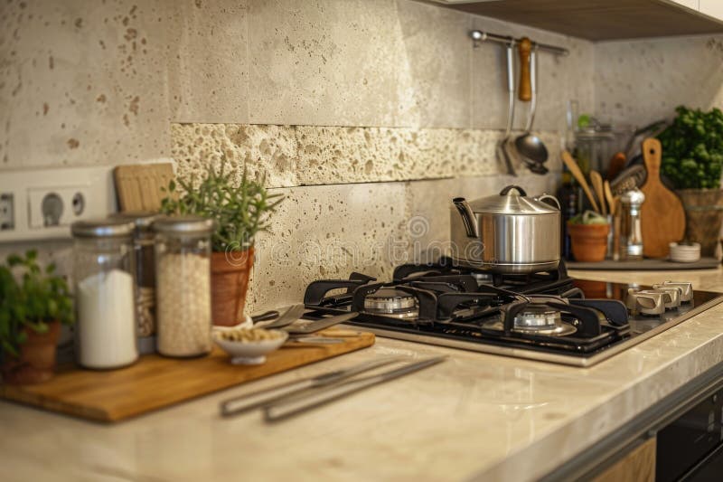 A Kitchen Counter with a Stove, Pots, and Utensils Stock Image - Image ...