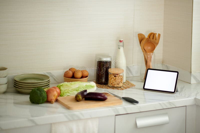 Kitchen Counter with Tablet and Groceries Stock Illustration ...