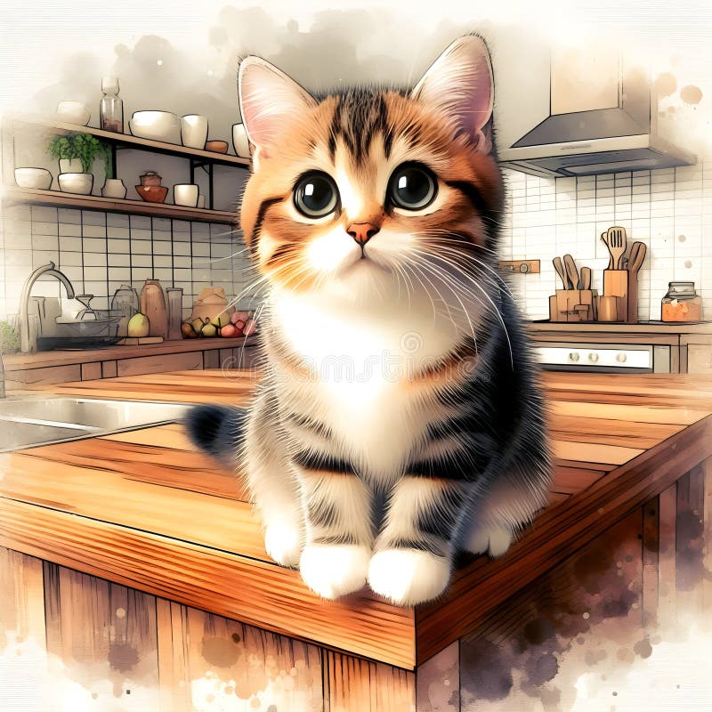 On a Kitchen Counter, There is a Cute Painting of a Cat. Stock Image ...