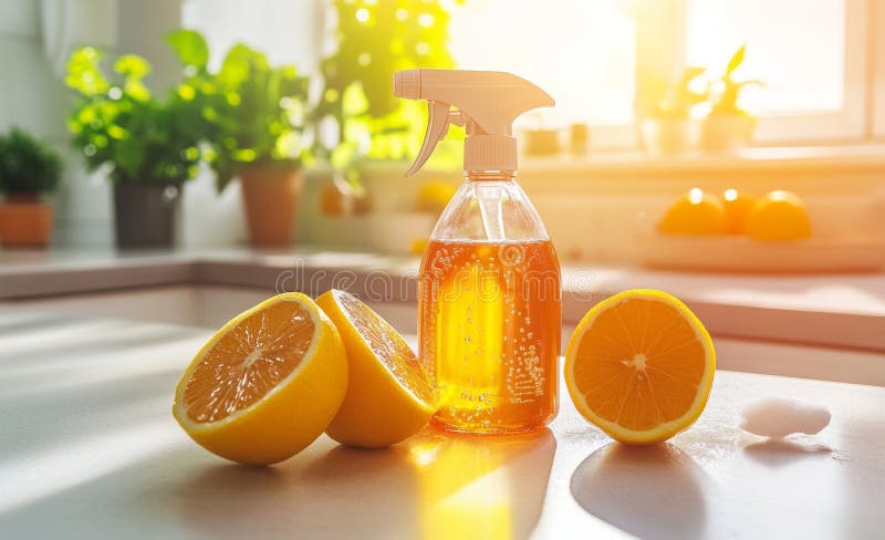 On the Kitchen Counter, There is a Lemon-scented Cleaning Spray Bottle ...