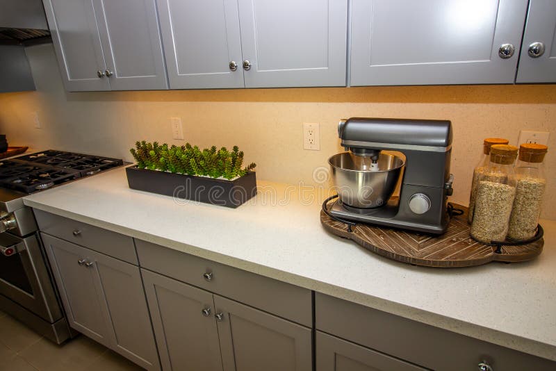 Kitchen Counter Top with Tray Containing Mixing Machine Stock Photo ...