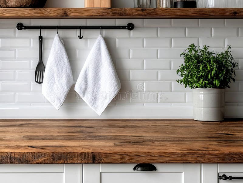A Kitchen Counter Top with Two White Towels Hanging from it Stock Image ...