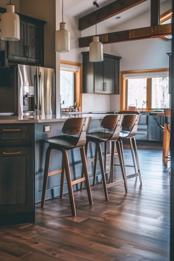Kitchen with a Counter and Two Wooden Bar Stools Stock Image - Image of ...
