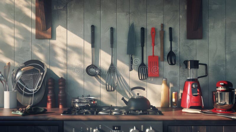 A Kitchen Counter with Various Utensils Hung on the Wall for Easy ...