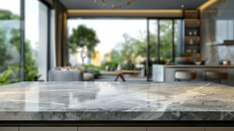 A Kitchen Counter with a View of a City and a Tree Stock Photo - Image ...