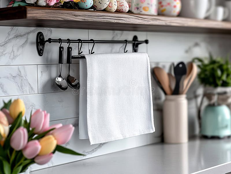 A Kitchen Counter with a White Towel Hanging on a Towel Rack Stock ...