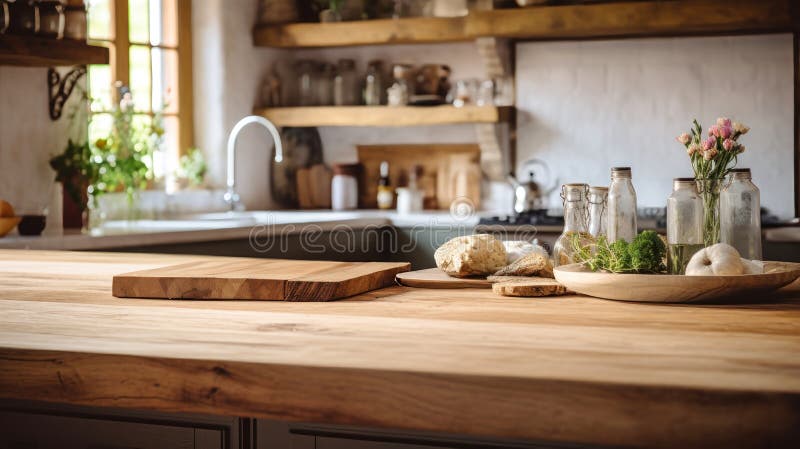 Kitchen Counter with Wine Bottle and Plate of Bread. Interior of a ...