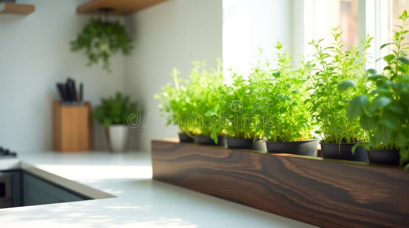 Kitchen Counter with a Wooden Box and Several Potted Plants Stock Image ...