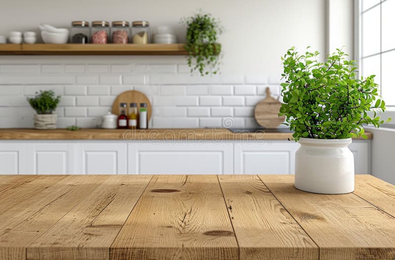 Kitchen Countertop Background or Interior Kitchen in White with Wooden ...
