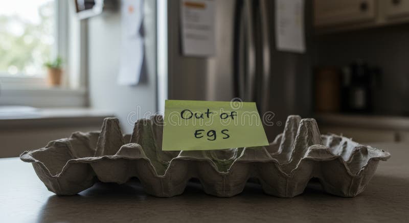 Kitchen Countertop with Empty Egg Carton and Note Signaling Lack of ...