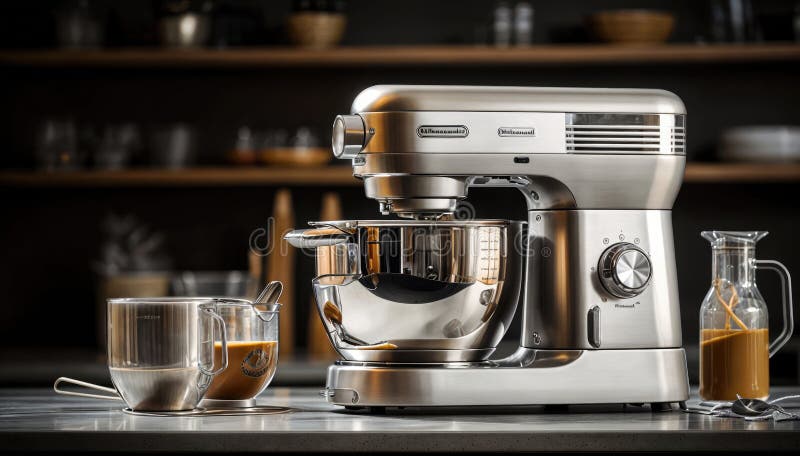 Kitchen Countertop Features a Stainless Steel Stand Mixer Stock ...