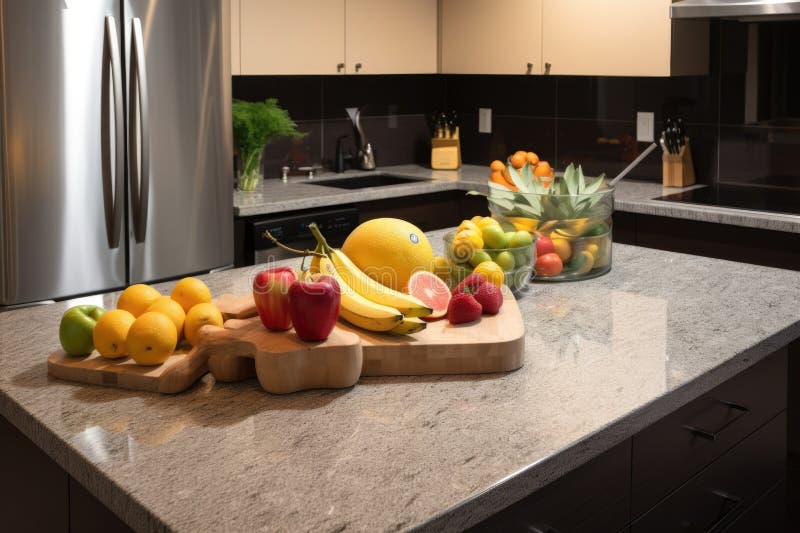 A Kitchen, with a Countertop Filled with Fresh Fruits and Vegetables ...