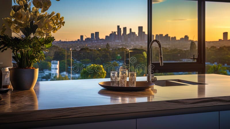 A Kitchen Countertop with a View of the City Sunset in the Window Stock ...
