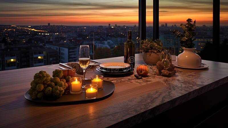 A Kitchen Countertop with a View of the Sunset and Lights of the City ...