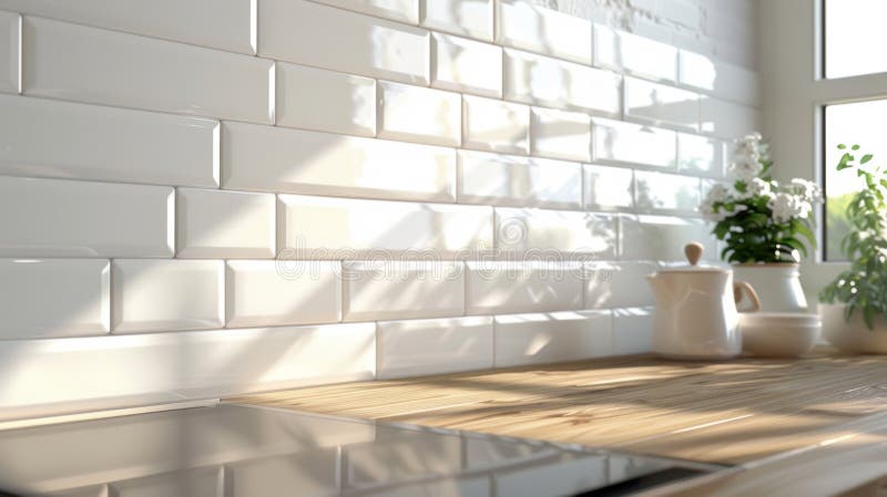 Kitchen Countertop with White Tiles Stock Image - Image of sunlight ...