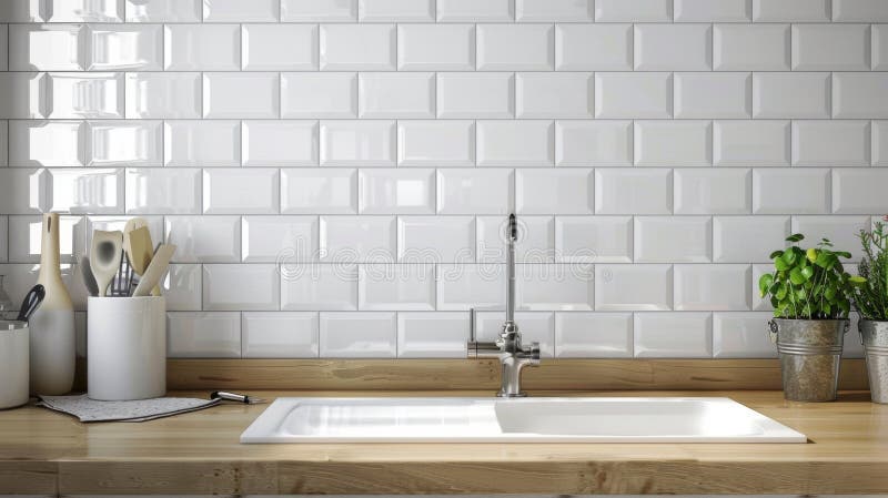 Kitchen Countertop with White Tiles Stock Image - Image of sunlight ...