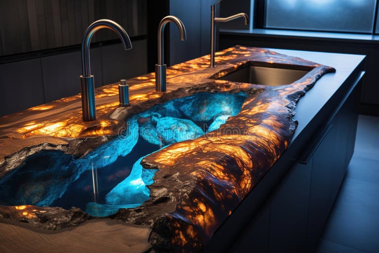 Kitchen Countertops Made of Wood, Crystal and Geode. Generative AI ...